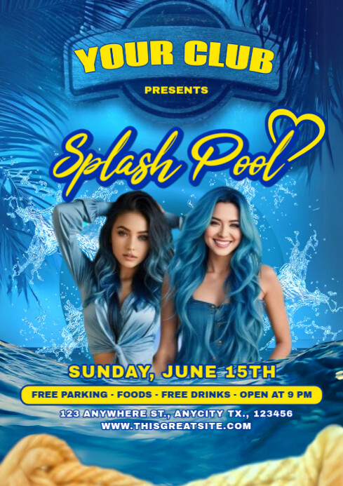 Blue Maximalist Splash Pool Party A4 Template | PosterMyWall