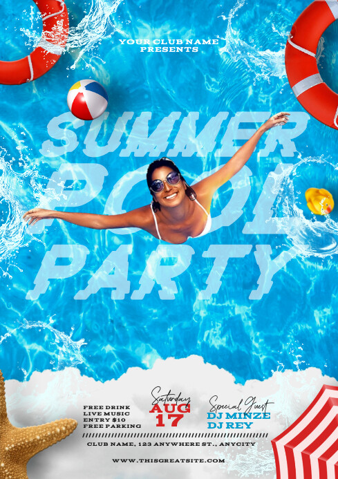 Blue Maximalist Summer Pool Party A4 Templat | PosterMyWall
