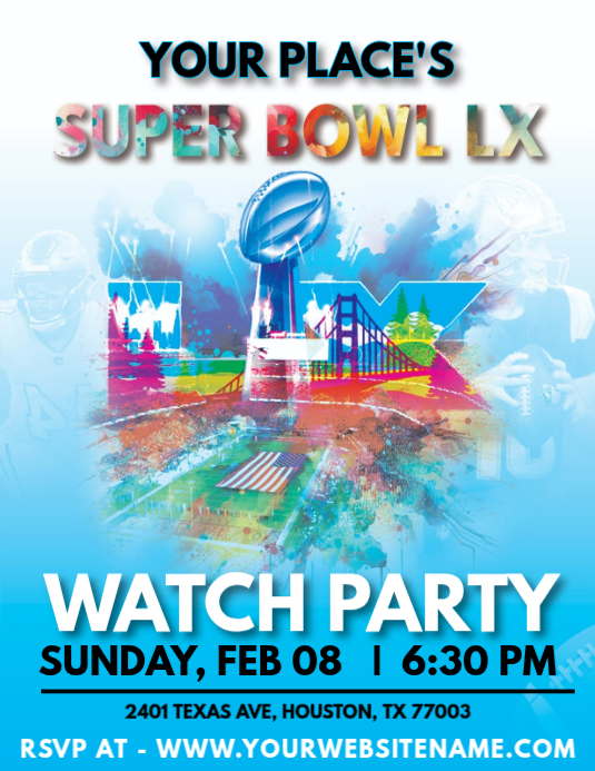 Blue Maximalist Super Bowl LX Watch Party Flyer (us Letter) Template ...