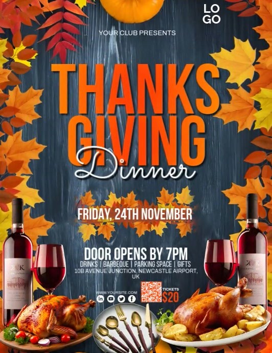 Blue Maximalist Thanksgiving Dinner Party Invitation Video Flyer (us ...