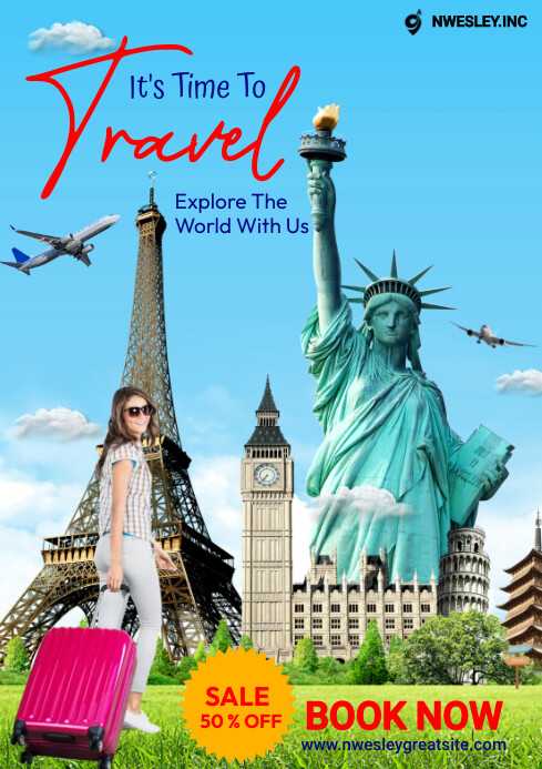 Blue Maximalist Travel Agency Ad A4 Template | PosterMyWall