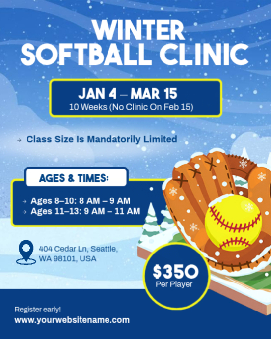 Blue Maximalist Vibrant Winter Softball Clinic Flyer Template - Youth ...