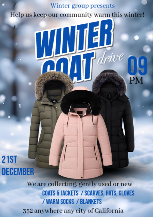 Blue Maximalist Winter Coat Drive Flyer A4 Template | PosterMyWall