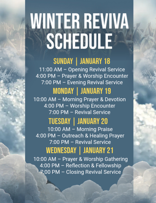 Blue Maximalist Winter Revival Schedule Flyer (us Letter) Template ...