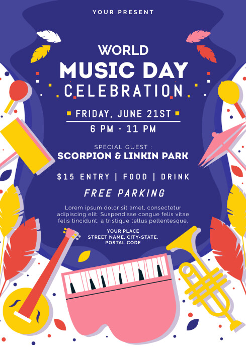 Blue Maximalist World Music Day A4 Template | PosterMyWall