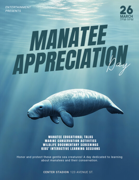 Blue Modern & Minimal Manatee Appreciation Day Event Flyer (us Letter ...