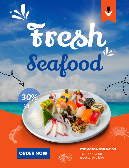 Blue Modern & Minimal Seafood Menu Pamflet (l Template | PosterMyWall