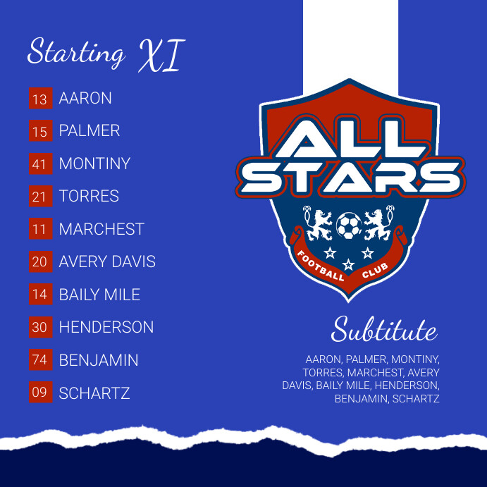 Copy of Blue Modern & Minimal Soccer Starting Line Up | PosterMyWall