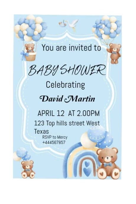 Blue Modern & Minimal Teddy Baby Shower Invitation Poster Template ...