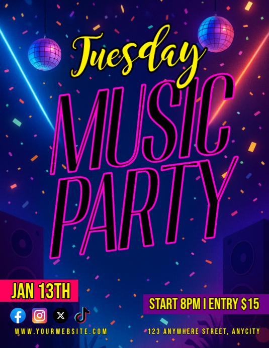 Plantilla de Blue Modern & Minimal Tuesday Music Party Pamflet (letter ...