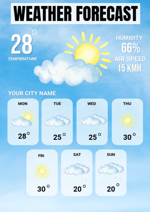 Blue Modern & Minimal Weather Forecast A4 Ithempulethi | PosterMyWall