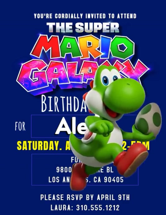 Blue MOTION Super Mario Galaxy Movie Birthday Party Flyer Video ...