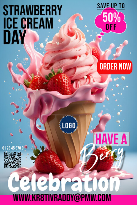 Blue National Strawberry Ice Cream Day Poster Template | PosterMyWall