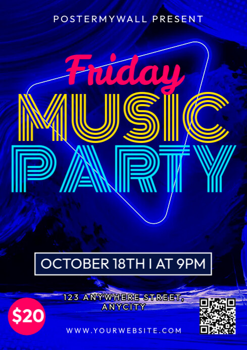 Blue Neon Friday Music Party A4 Template | PosterMyWall