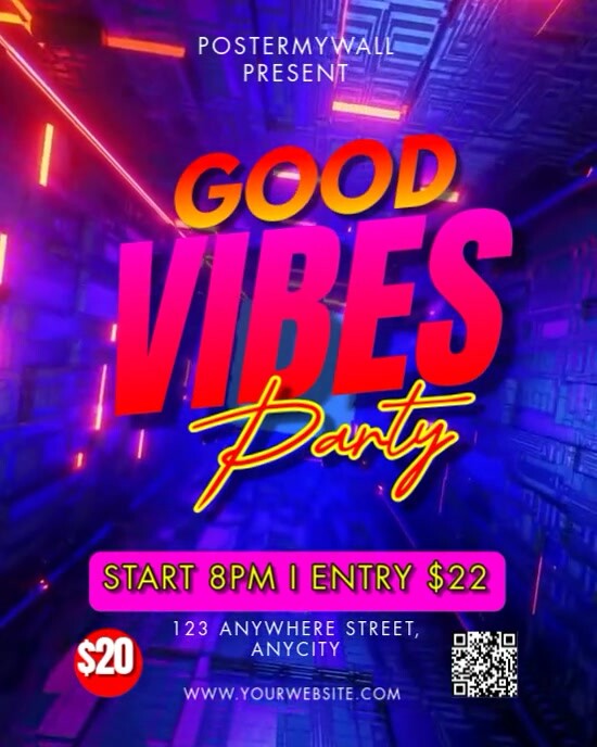 Blue Neon Good Vibes Party Instagram Portrait Templat | PosterMyWall