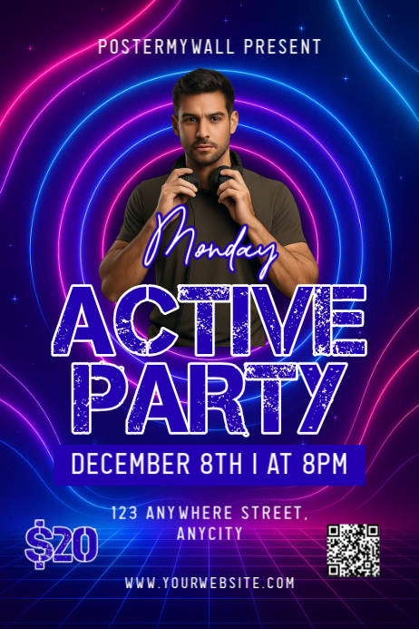 Blue Neon Monday Active Party Poster Template | PosterMyWall