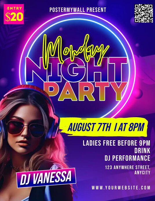 Plantilla de Blue Neon Monday Night Party Pamflet (letter | PosterMyWall
