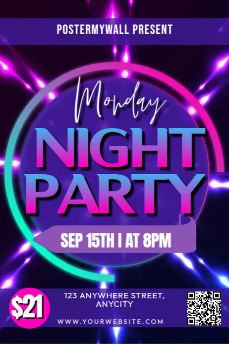 Blue Neon Monday Night Party Poster Template | PosterMyWall