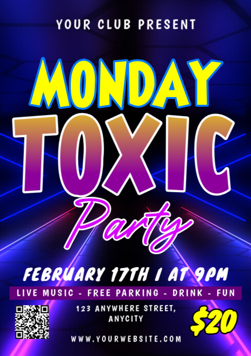Blue Neon Monday Toxic Party A4 Template | PosterMyWall