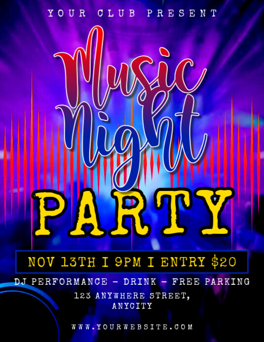 Blue Neon Music Night Party Pamflet (letter As) Template | PosterMyWall
