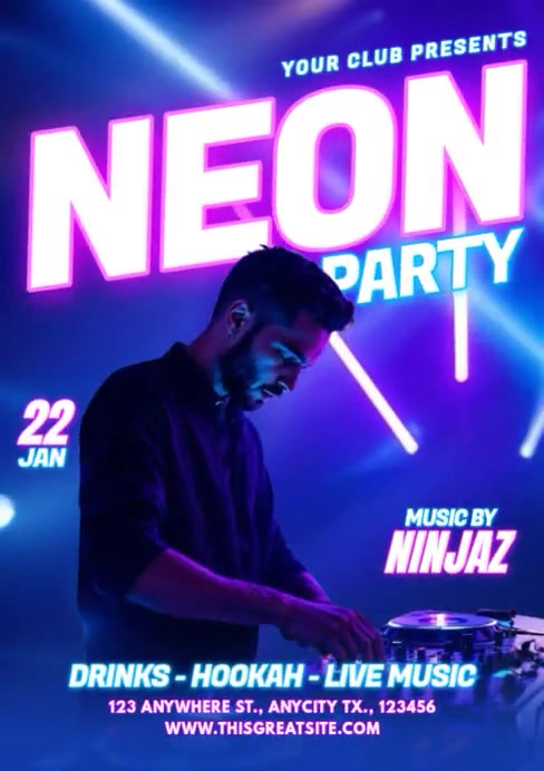 Blue Neon Night Party A4 Template | PosterMyWall
