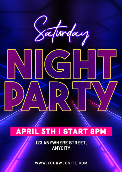 Blue Neon Saturday Night Party A4 Template | PosterMyWall