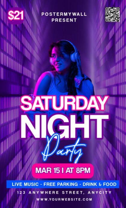 Blue Neon Saturday Night Party Legal As Template | PosterMyWall