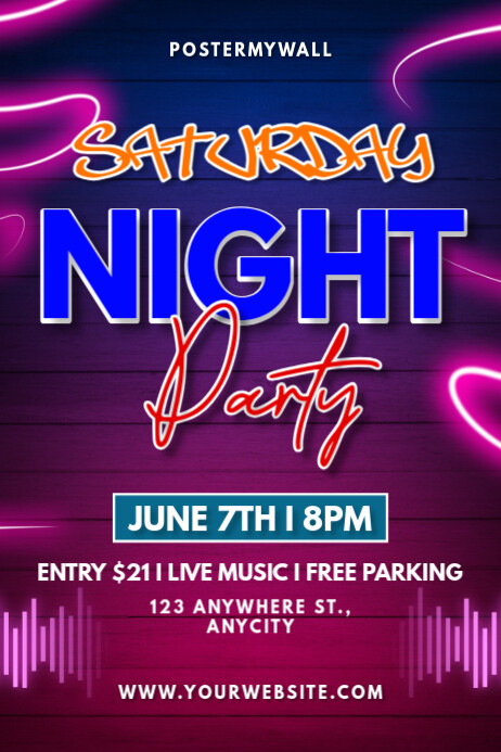 Blue Neon Saturday Night Party Poster Template | PosterMyWall