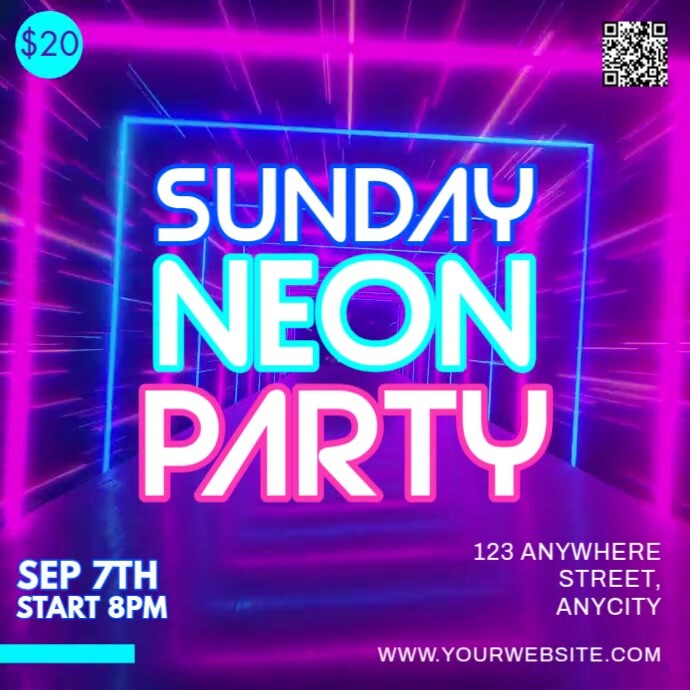 Blue Neon Sunday Neon Party Pos Instagram Template | PosterMyWall