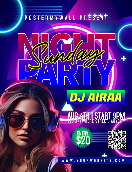 Copy of Blue Neon Sunday Night Party Pamflet (letter | PosterMyWall
