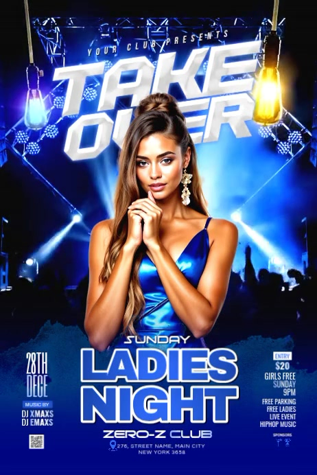 Plantilla de Blue Neon Sunday Takeover Ladies Night Party Poster ...