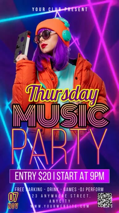 Plantilla de Blue Neon Thursday Music Party Reel Instagram | PosterMyWall