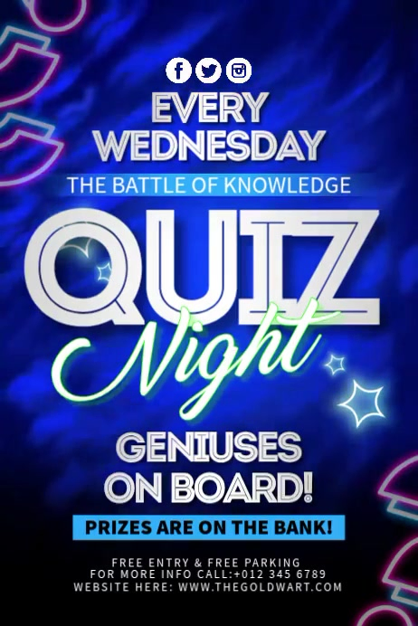 Blue Neon Trivia Night Video Poster Template | PosterMyWall