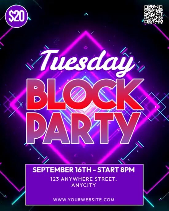 Blue Neon Tuesday Block Party Instagram Portrait Template | PosterMyWall