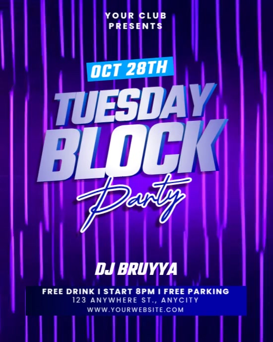 Blue Neon Tuesday Block Party Instagram Portrait Template | PosterMyWall