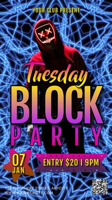 Blue Neon Tuesday Block Party Reel Instagram Template | PosterMyWall
