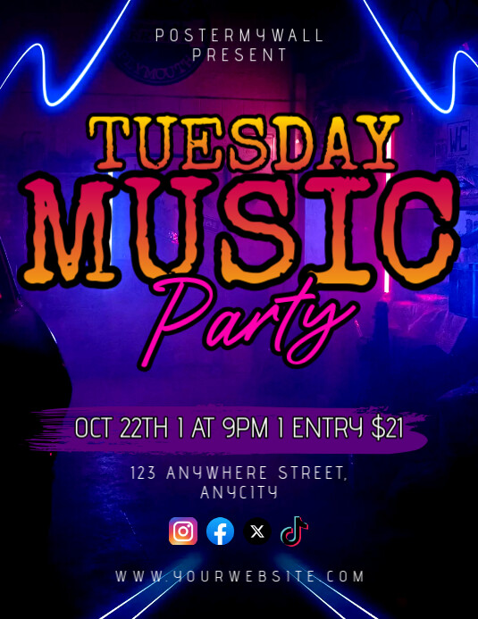 Copy of Blue Neon Tuesday Music Party Pamflet (letter As) | PosterMyWall