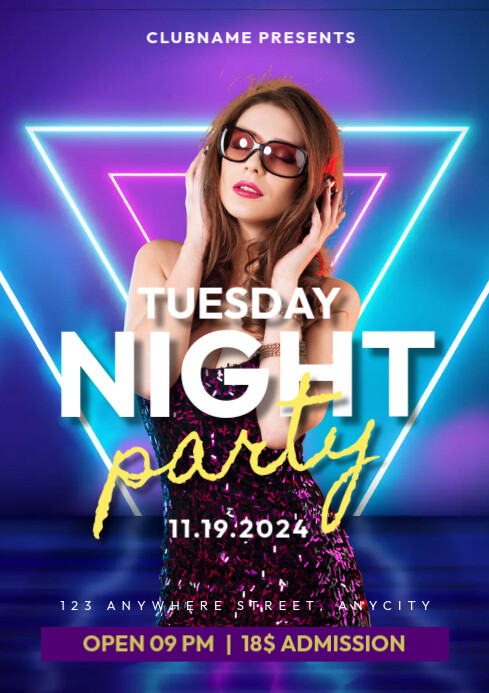 Modèle Blue Neon Tuesday Night Party A2 | PosterMyWall