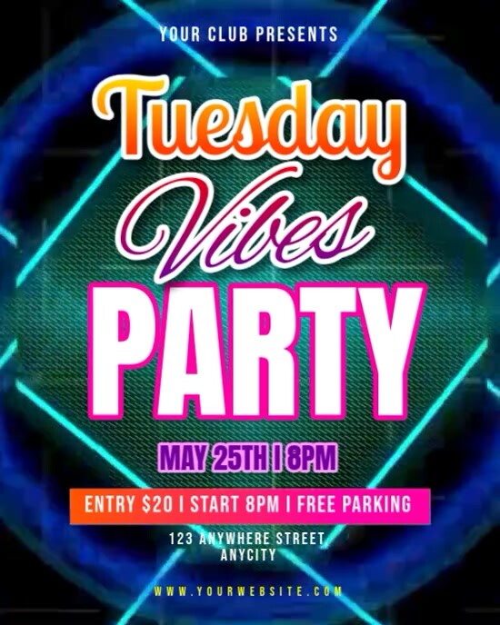 Blue Neon Tuesday Vibes Party Instagram Portrait Template | PosterMyWall