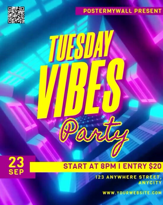 Blue Neon Tuesday Vibes Party Instagram Portrait Templat | PosterMyWall