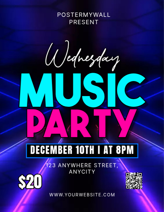 Blue Neon Wednesday Music Party Pamflet (letter As) Template | PosterMyWall