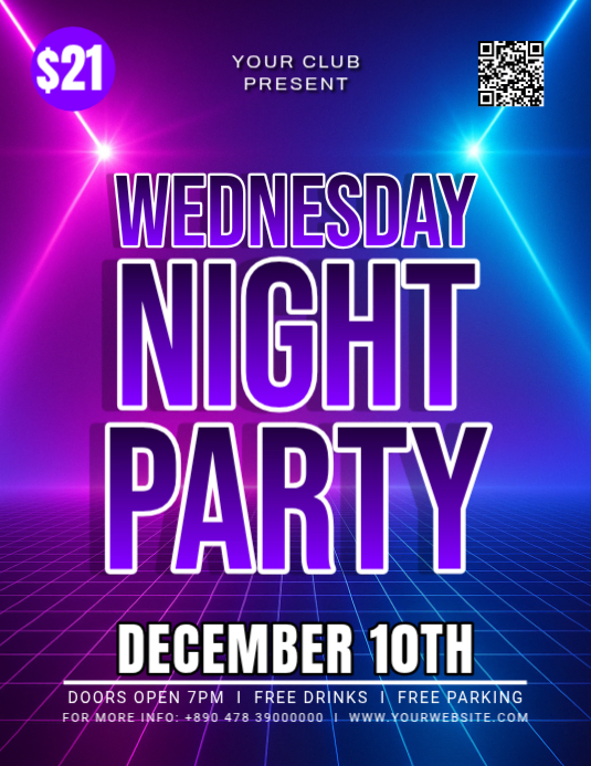 Blue Neon Wednesday Night Party Pamflet (letter As) Template | PosterMyWall