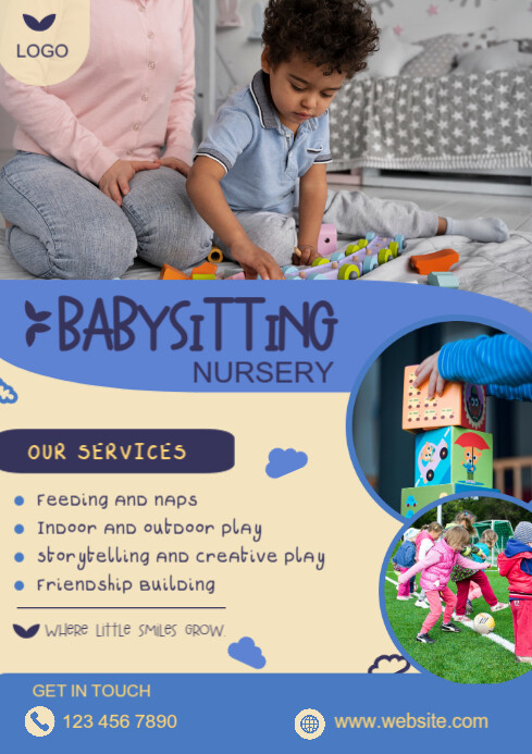 Blue-Pink Joyful Babysitting Nursery A4 Template | PosterMyWall