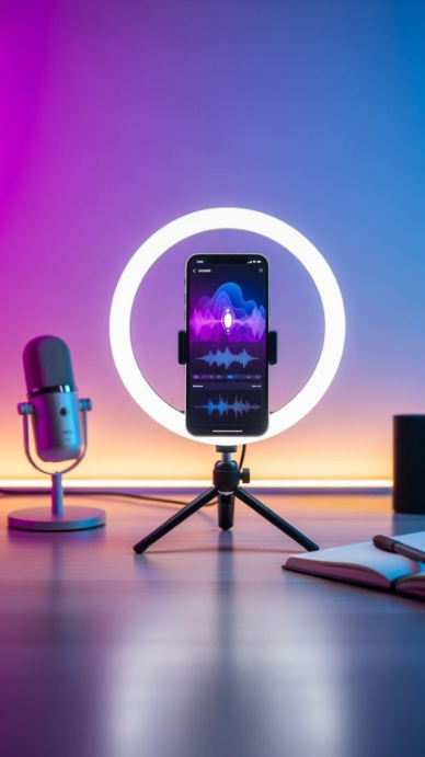 Blue Podcast Recording Setup With Smartphone Ring Light And Studio ...