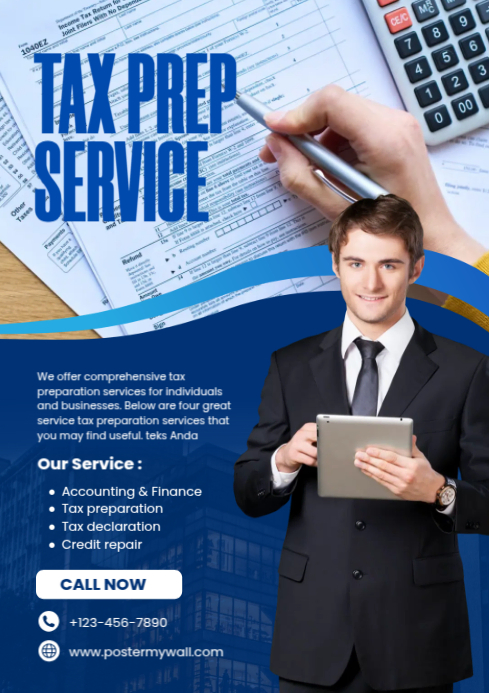 Blue Profesional Tax Prep Service A4 Template | PosterMyWall