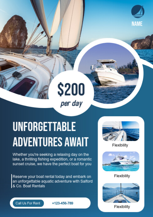 Blue Professional Boat Rental Service Company Ad Flyer Template Design ...