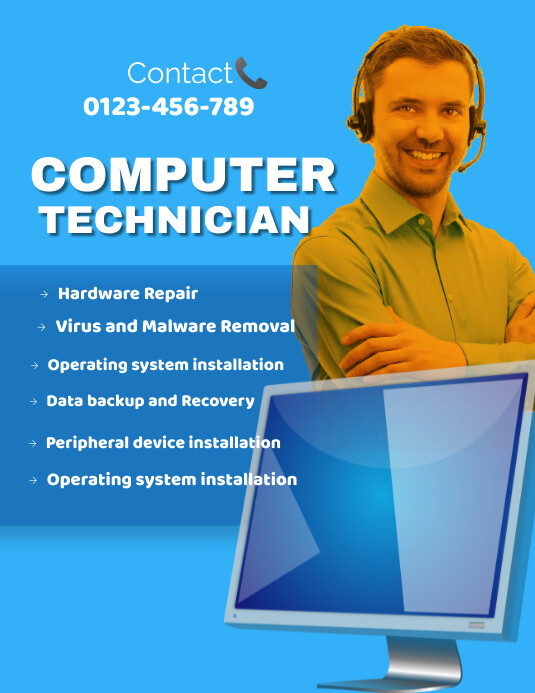 Blue Professional Computer Technician Flyer Template | PosterMyWall
