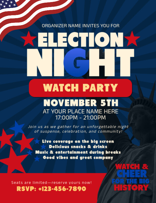 Blue Professional Election Night Watch Party Flyer (us Letter) Template ...