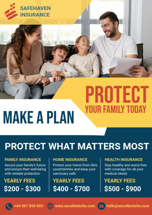 Blue Professional Family Insurance A4 Template | PosterMyWall