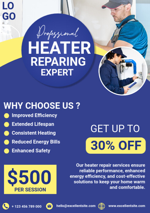 Blue Professional Heater Repair Services A4 Template | PosterMyWall
